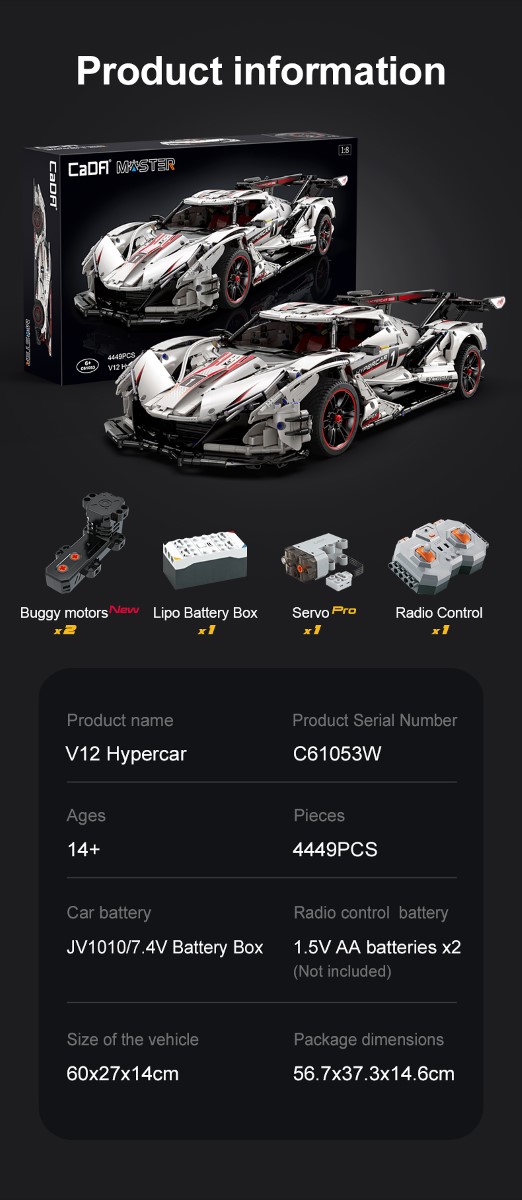 CaDA Master V12 Hypercar 1:8 C61053W RC Block Toy Set (4449 Pieces)