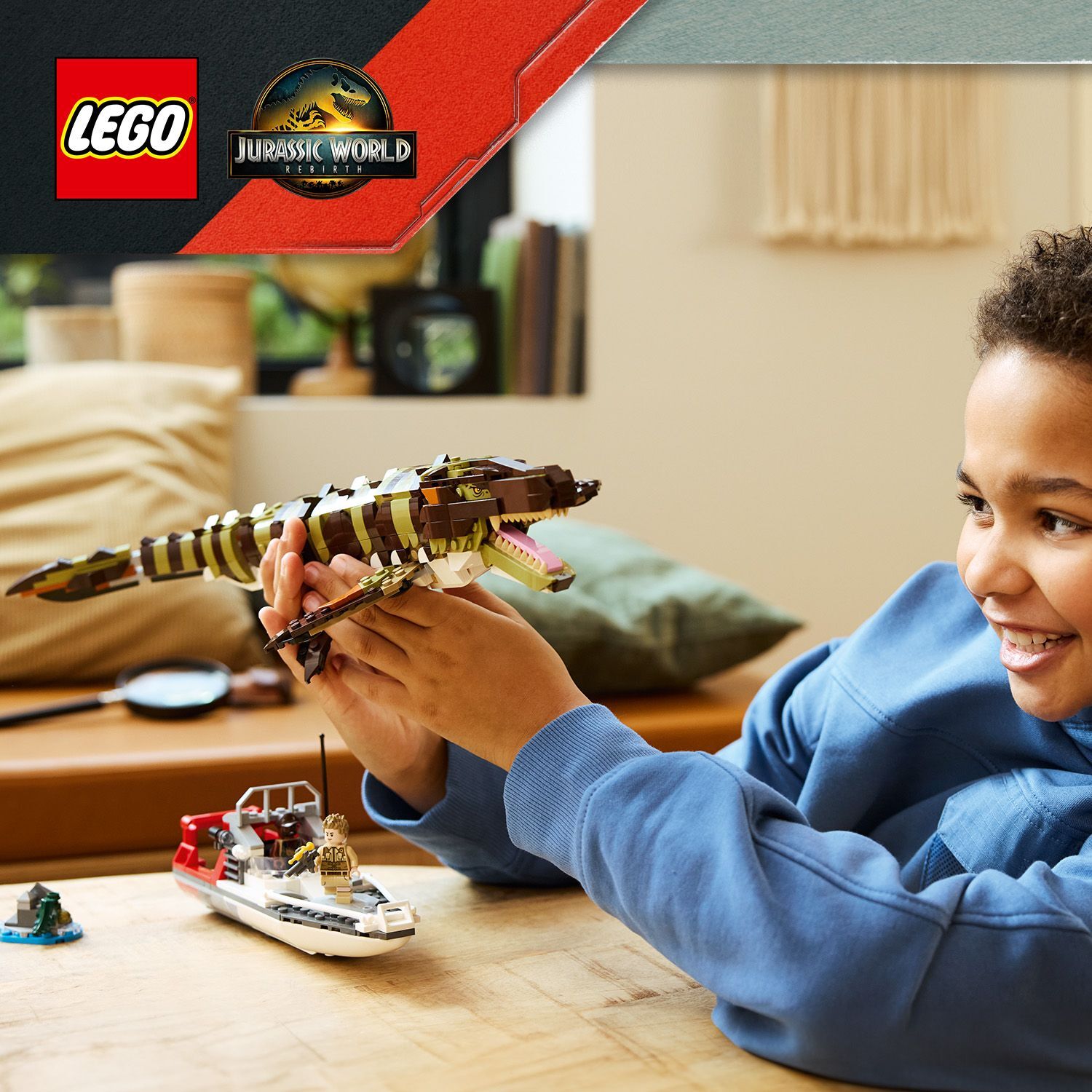 LEGO 76974 Jurassic Brick-Built Mosasaurus Boat Mission Building Toy Set