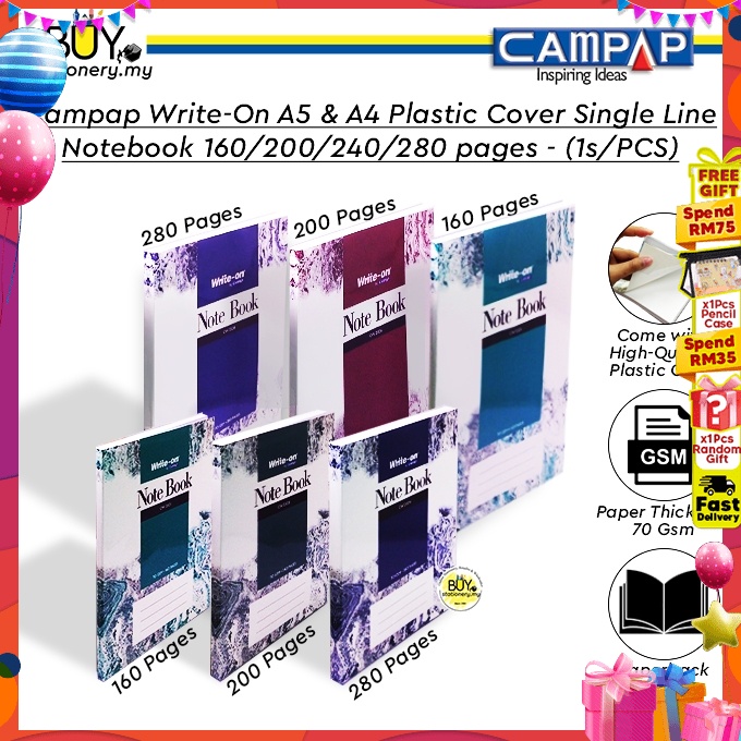 Campap A5 A4 Write-On Exercise Book Plastic Cover Notebook 160 200 240 ...