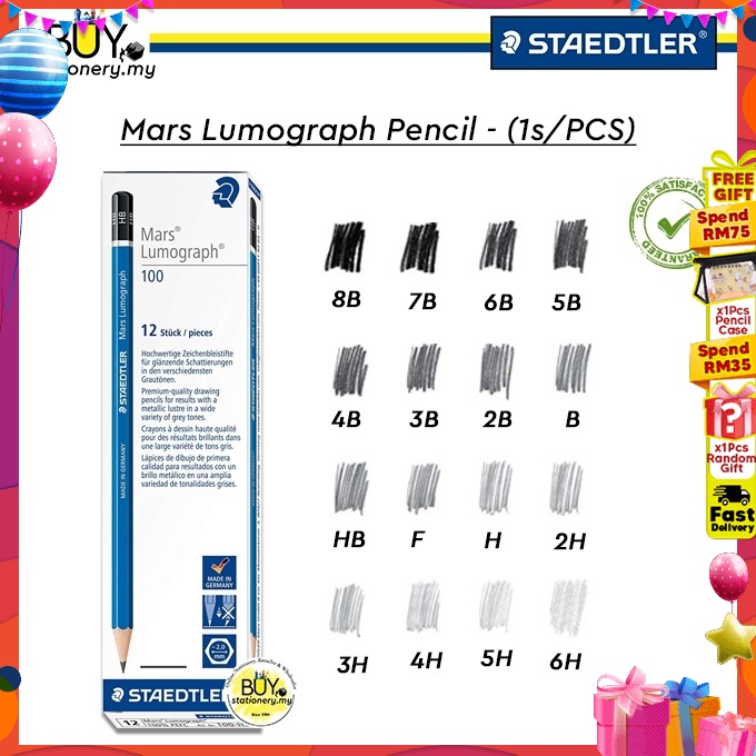 Staedtler Mars Lumograph Pencil 8B 7B 6B 5B 4B 3B HB F 2H Drawing Pencil Sketch -(1s/PCS) [Spend ...