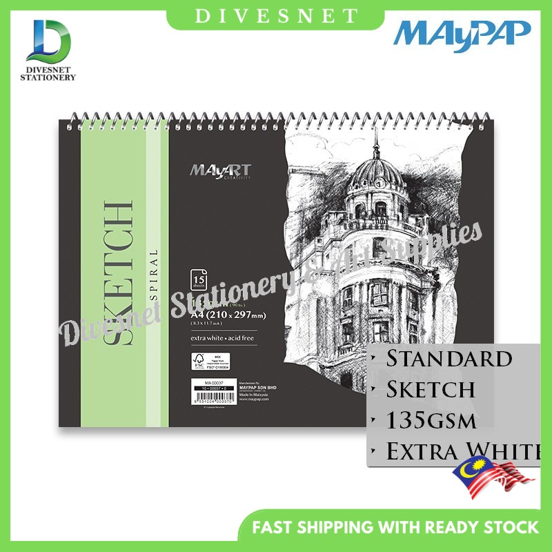 MayArt 15s 135gsm Spiral Sketch Drawing Book Extra White Long Bound A3 ...