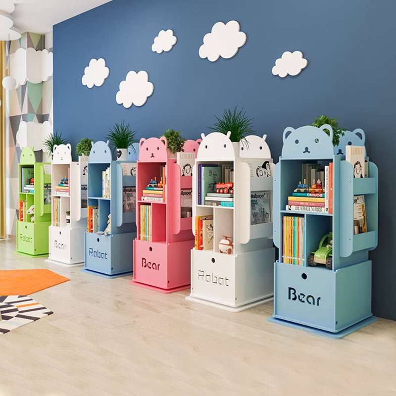 Simple children rotating bookshelf living room decorative storage shelf ...