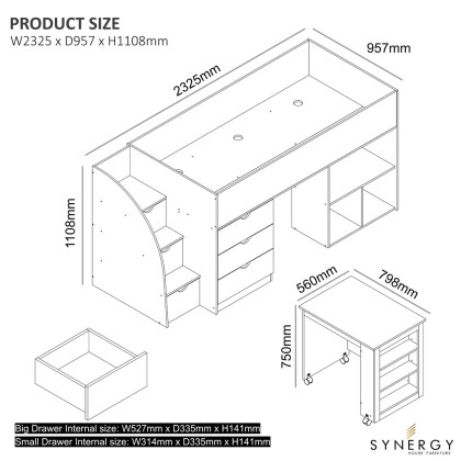 Synergy House Mico Mid Sleeper bed Kid Bedframe with Multifunction and Storage bed Study Desk Synergy House Furniture Innovative Design With Affordable Price