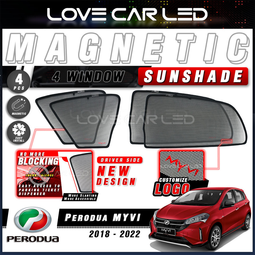 4Pcs Perodua Myvi 2018 2023 Magnetic Sunshade Curve Window Shape Window Shield Protect UV LOVE CAR LED